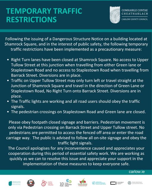 Traffic restrictions in part of Carlow town as building issued with ...